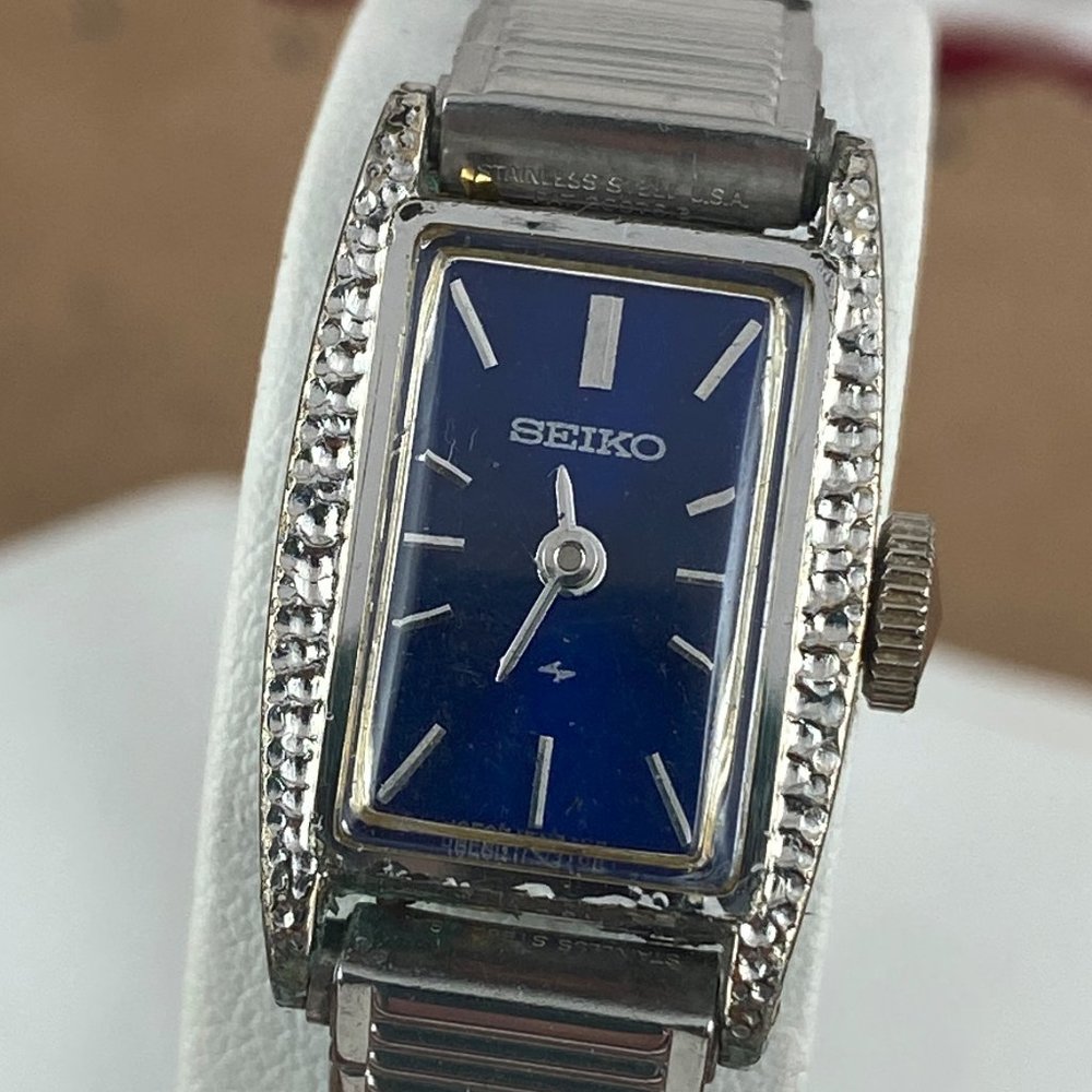 Vintage Seiko Hand Wind Dress Wrist Watch Blue Dial S… - Gem